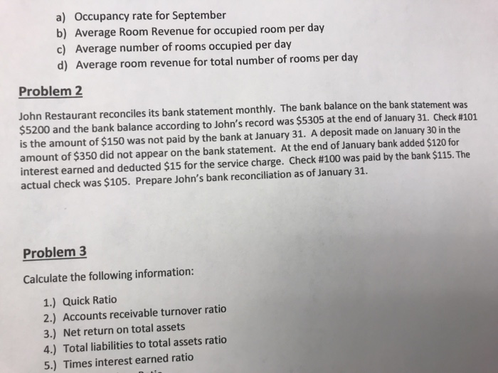 Solved a) Occupancy rate for September b) Average Room | Chegg.com