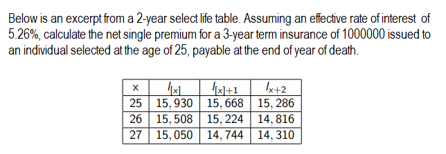 Solved Below is an excerpt from a 2-year select life table. | Chegg.com
