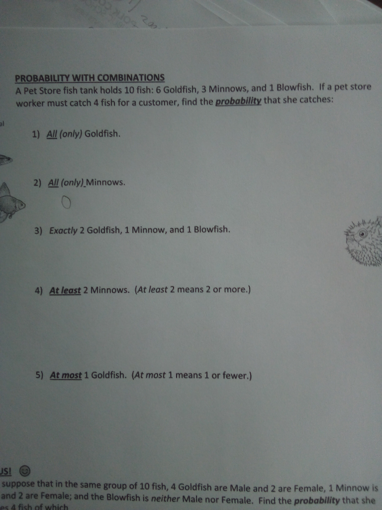 Solved PROBABILITY WITH COMBINATIONS A Pet Store fish tank | Chegg.com