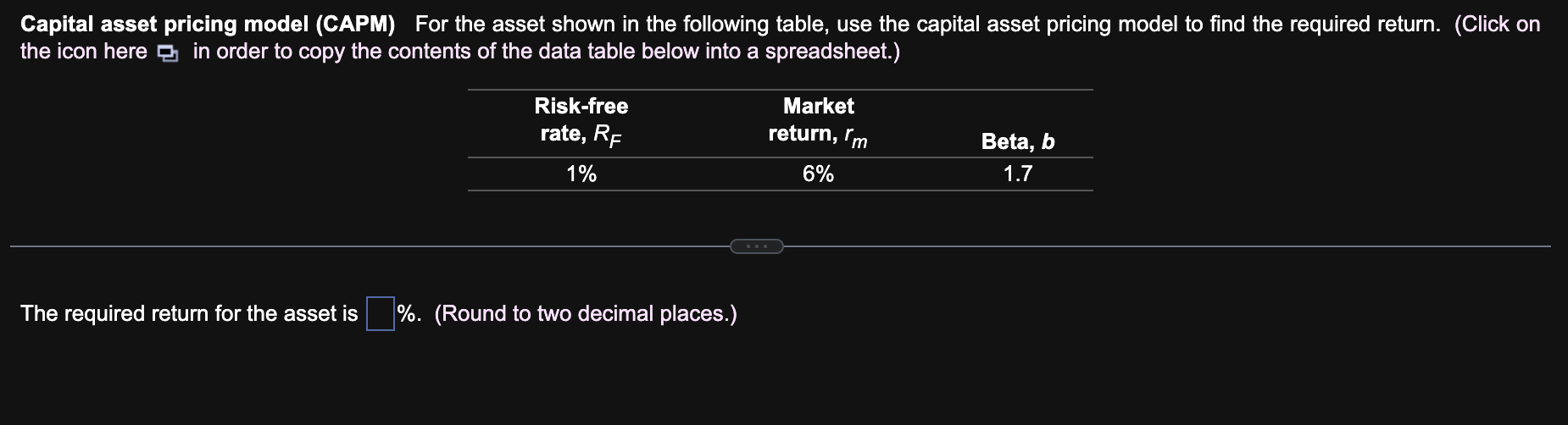 Solved Capital asset pricing model (CAPM) For the asset | Chegg.com