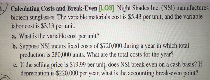 Solved Calculating Costs and Break-Even [LO3] Night Shades | Chegg.com