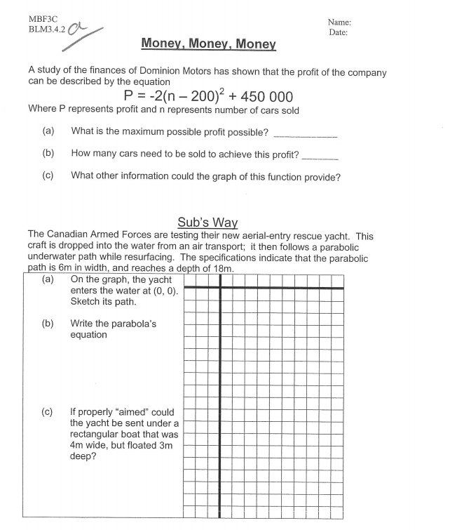 Solved MBF3C BLM3.4.2 Name: Date: Monev, Money, Mone A study | Chegg.com