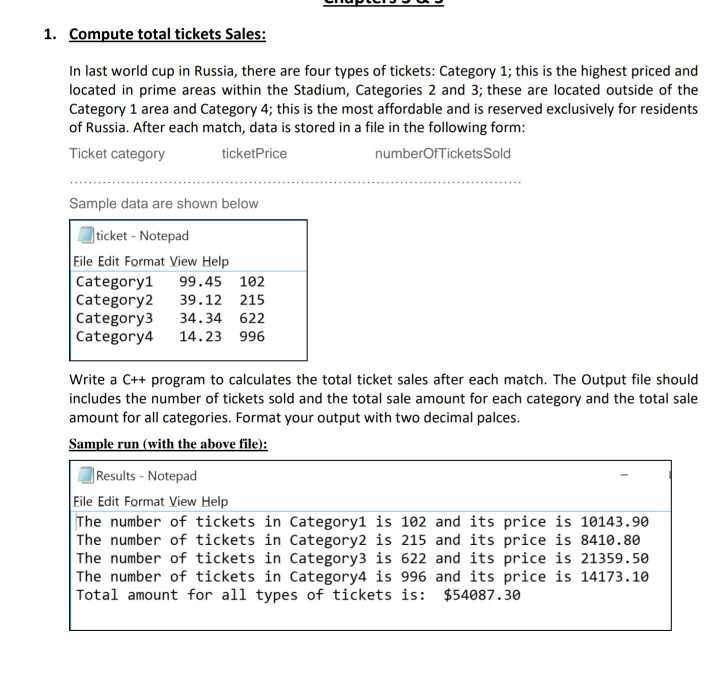 Solved 1. Compute total tickets Sales: In last world cup in | Chegg.com