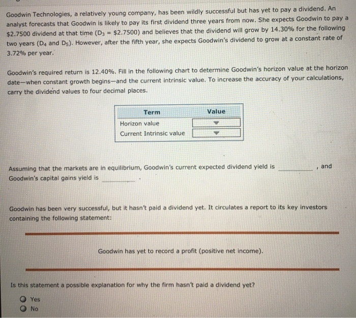 Solved dividend. An Goodwin Technologies, a relatively young | Chegg.com
