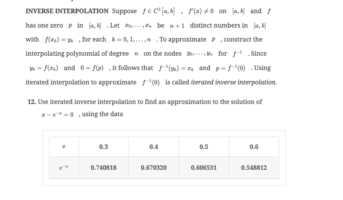 Solved INVERSE INTERPOLATION Suppose f∈C1[a,b],f′(x) =0 on | Chegg.com