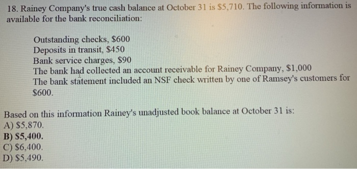 Solved 18. Rainey Company's true cash balance at October 31 | Chegg.com