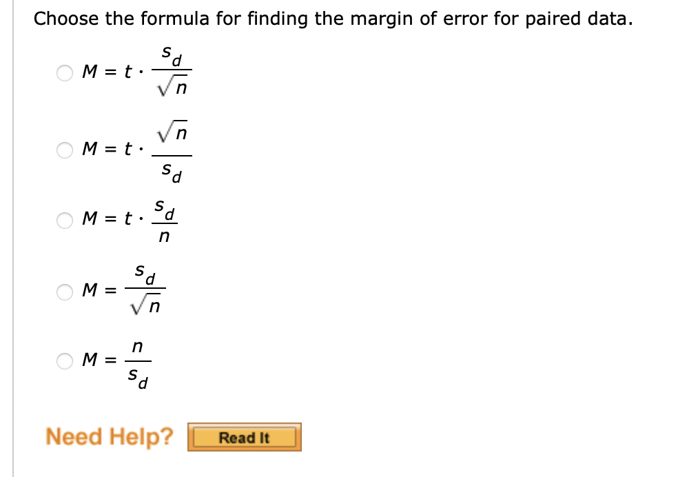 Solved Choose The Formula For Finding The Margin Of Error