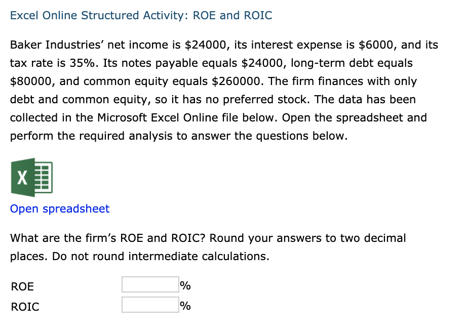 Solved Excel Online Structured Activity: ROE and ROIC Baker | Chegg.com