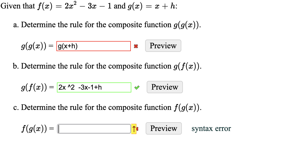 Solved Given that f(x)=2x2-3x-1 ﻿and g(x)=x+h ﻿:a. | Chegg.com