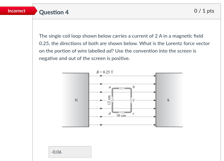 Solved Incorrect Question 4 0/1 pts The single coil loop | Chegg.com