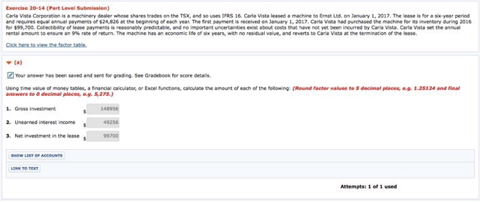 Solved Exercise 20-14 (Part Level Submission) Carla Vista | Chegg.com