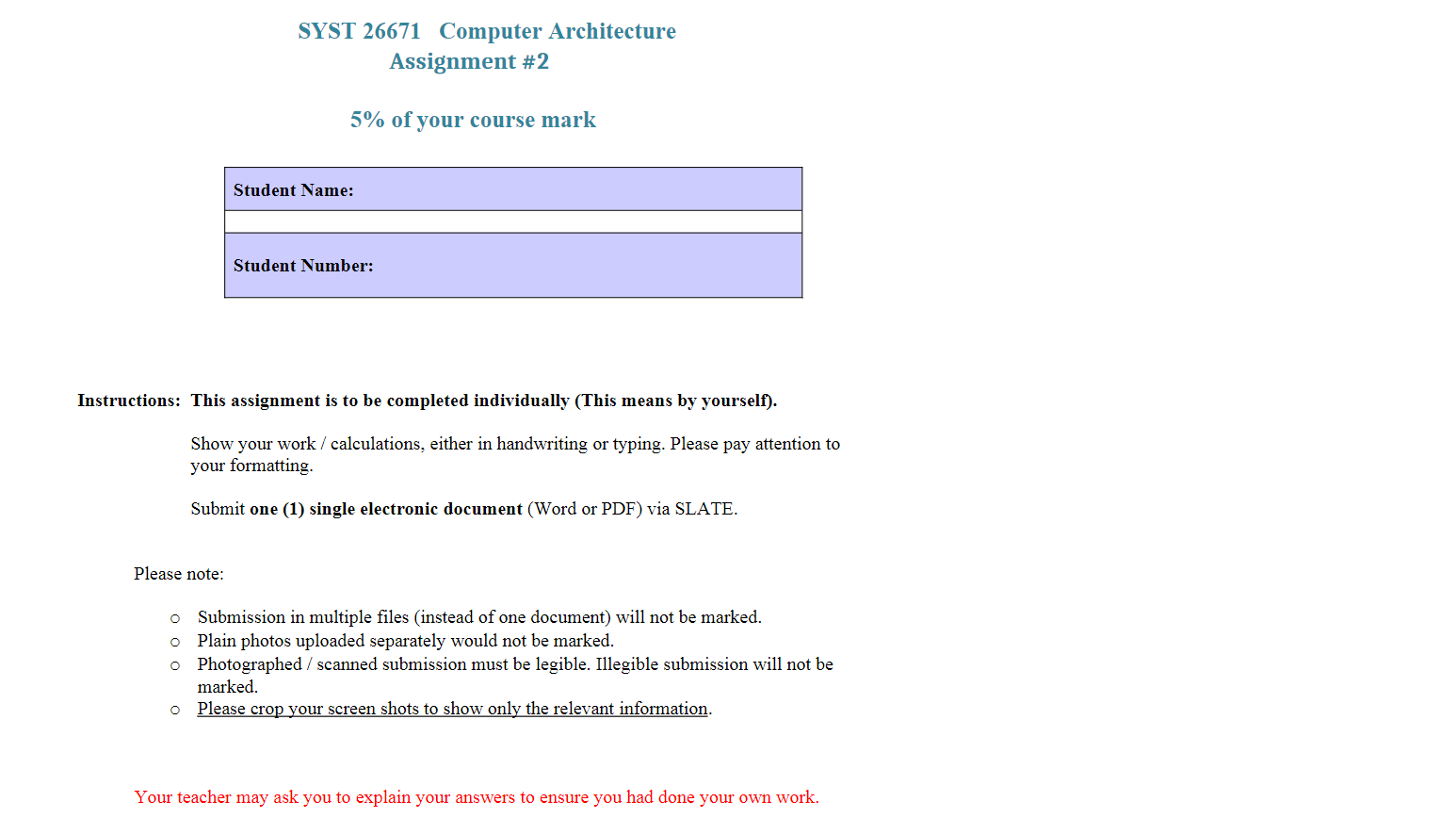 Solved SYST 26671 Computer Architecture Assignment #2 5% of | Chegg.com