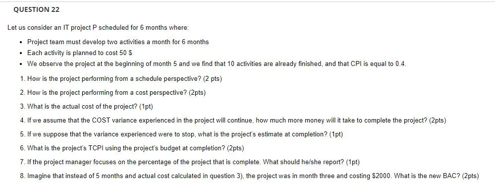 Solved QUESTION 22 Let us consider an IT project P scheduled | Chegg.com