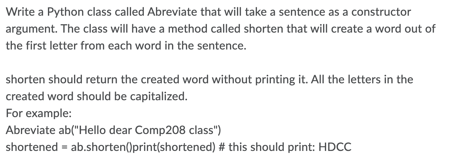 Solved Write a Python class called Abreviate that will take | Chegg.com