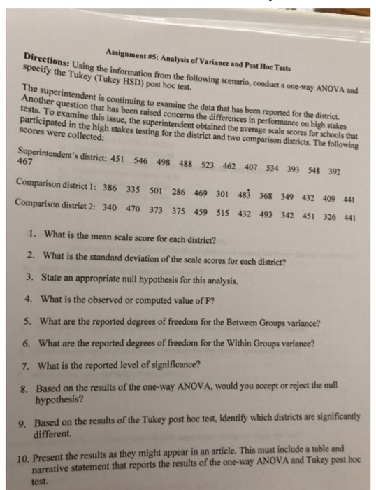 Solved Assignment #5: Analysis of Variance and Post Hoc | Chegg.com