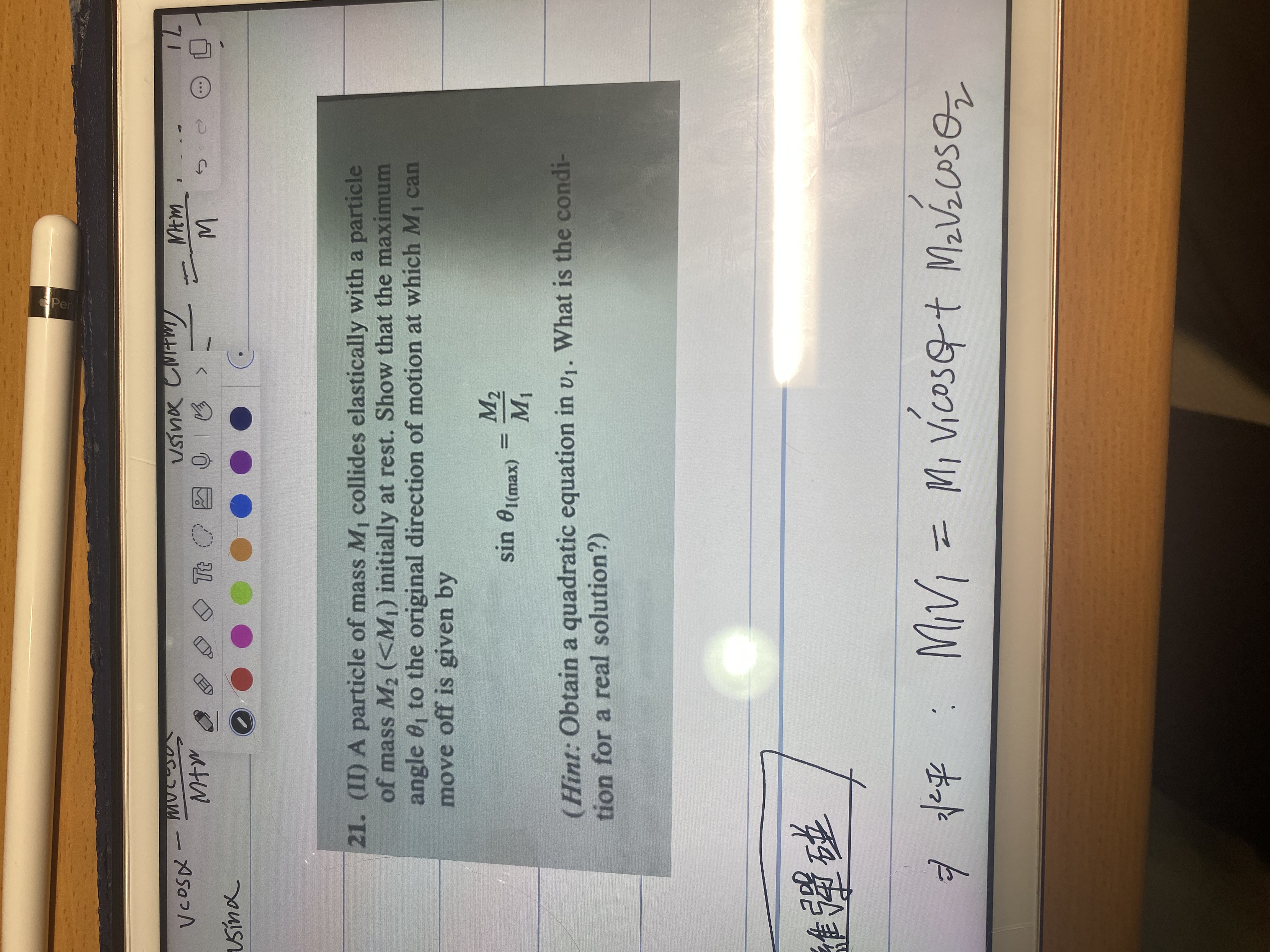 Solved (II) ﻿A particle of ﻿mass M1 ﻿collides elastically | Chegg.com