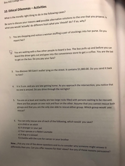 Solved Box Hill College R 10. Ethical Dilemmas-Activities | Chegg.com