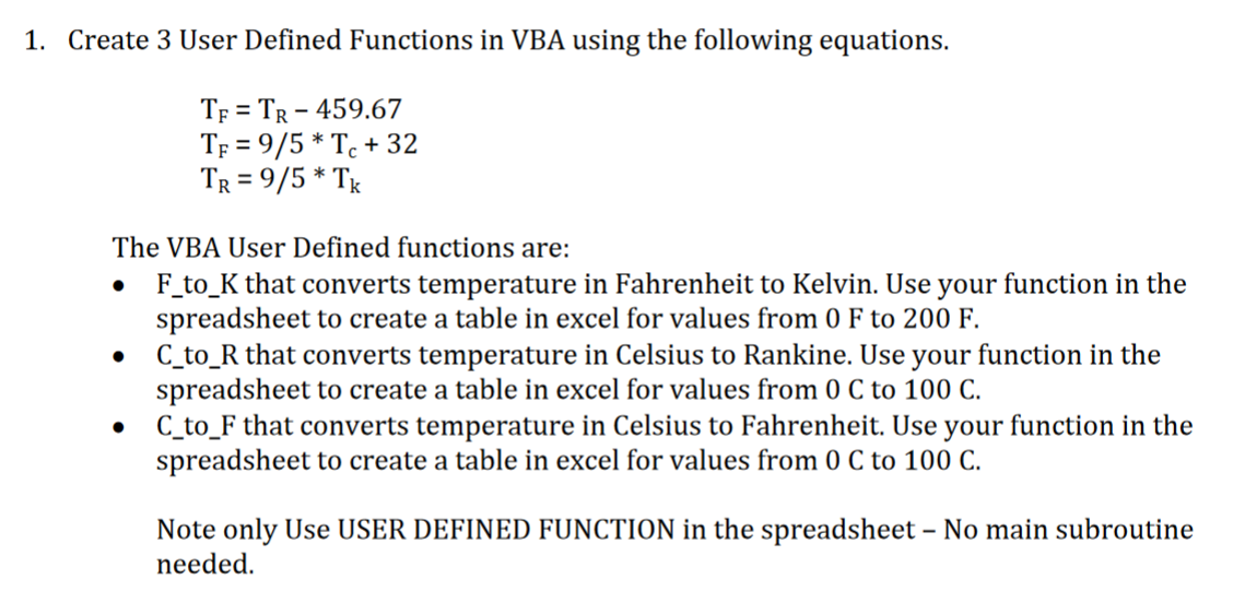 Solved Create 3 User Defined Functions In Vba Using The 1803