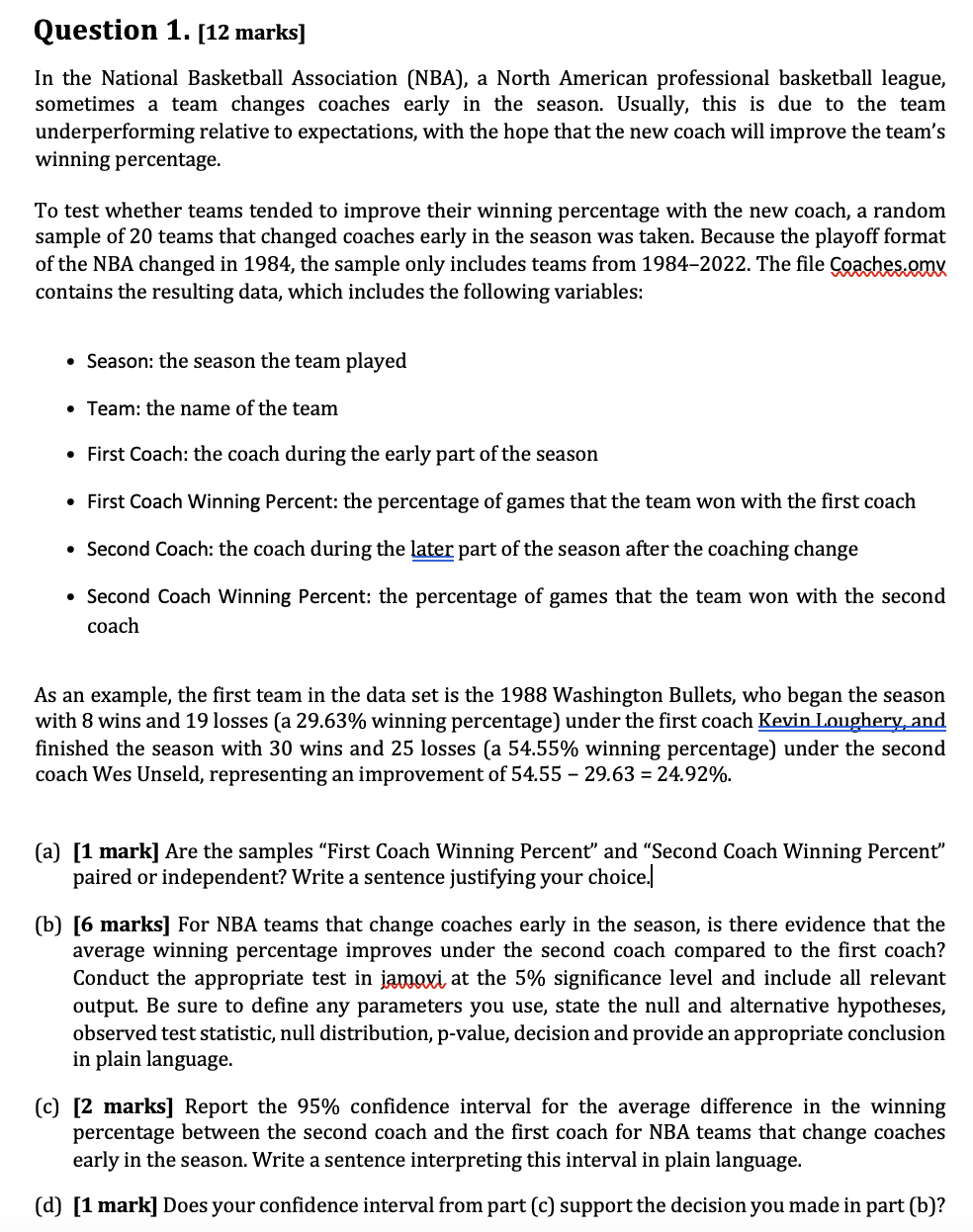 Solved Question 1. [12 marks] In the National Basketball | Chegg.com