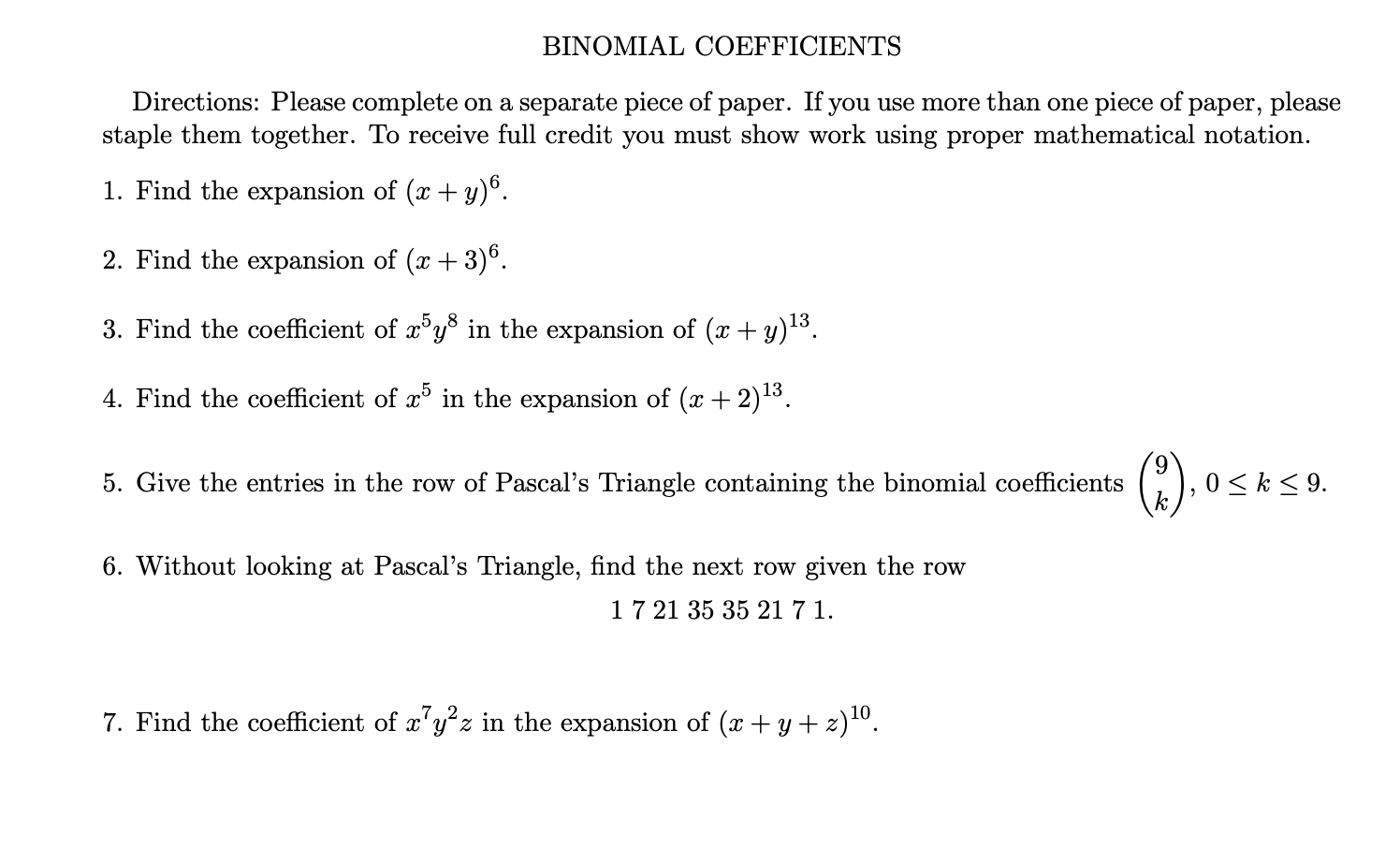 Solved BINOMIAL COEFFICIENTS Directions: Please complete on | Chegg.com