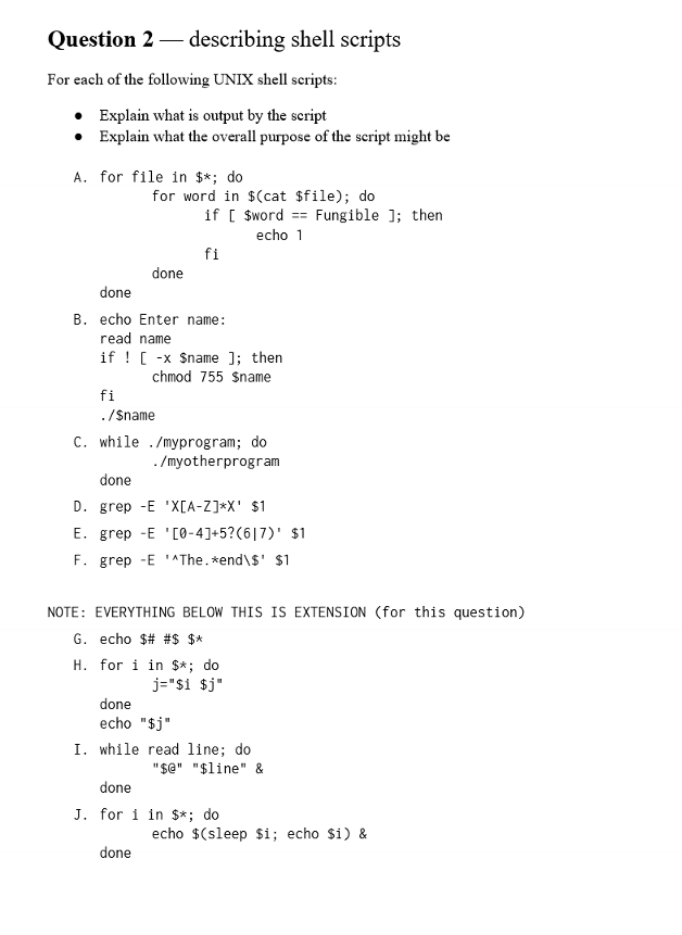 Question 2 — describing shell scripts For each of the | Chegg.com