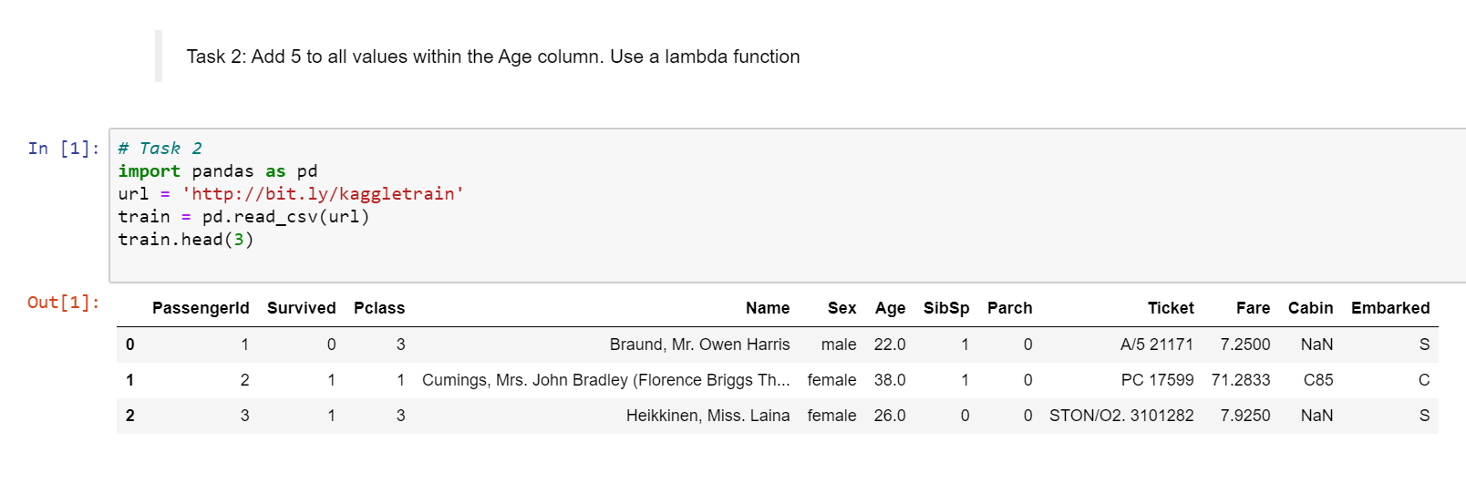 Solved Task 2: Add 5 to all values within the Age column. | Chegg.com