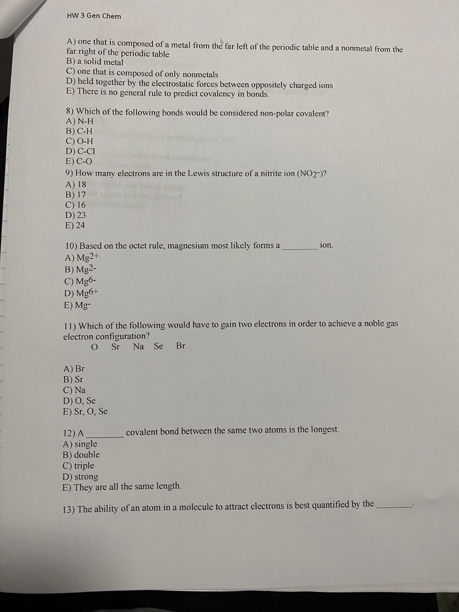 Solved HW 3 ﻿Gen ChemA) ﻿one that is composed of a metal | Chegg.com