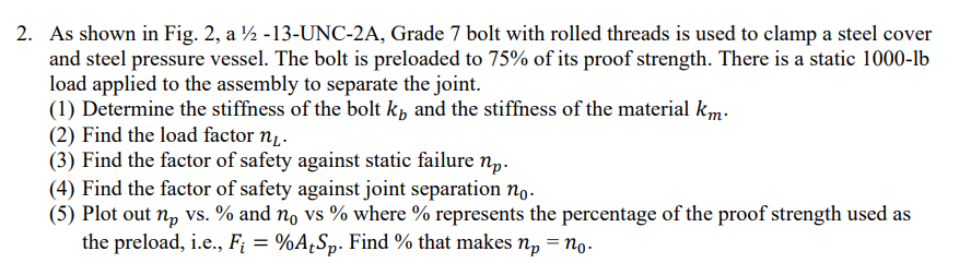 Solved 2. As shown in Fig. 2, a 1/2−13−UNC−2A, Grade 7 bolt | Chegg.com