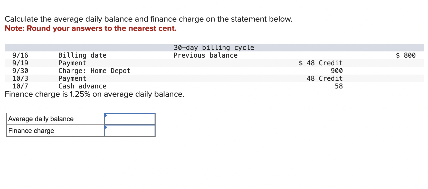 Solved Calculate the average daily balance and finance | Chegg.com