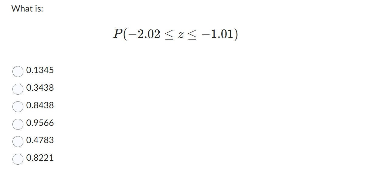 Solved What is: P(−2.02≤z≤−1.01) | Chegg.com