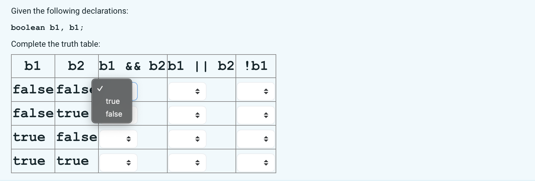 Solved Given the following declarations: boolean b1, b1; | Chegg.com Solved Given the following declarations: boolean b1, b1; | Chegg.com