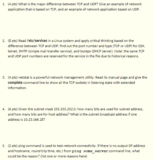 Solved 1. (4 pts) What is the major difference between TCP | Chegg.com