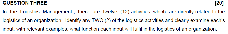Solved QUESTION THREE [20] In the Logistics Management, | Chegg.com