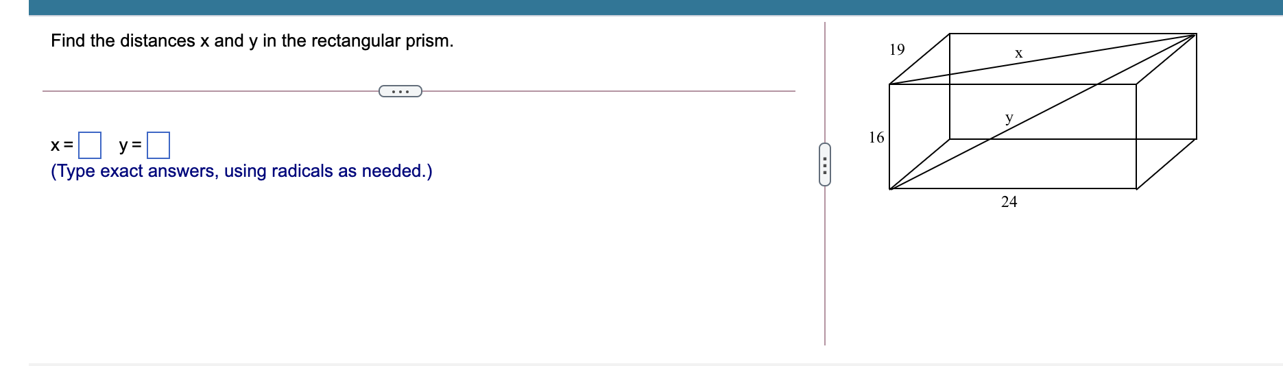 Solved Find the distances x and y in the rectangular prism. | Chegg.com