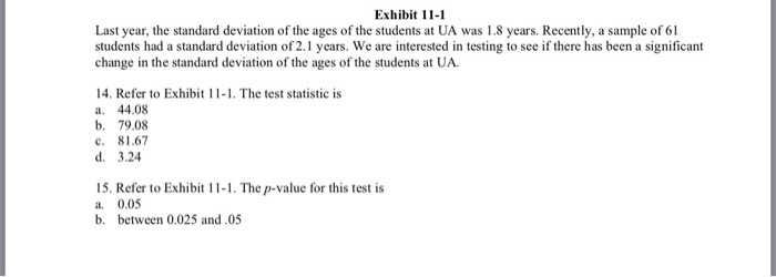 Solved Exhibit 11-1 Last year, the standard deviation of the | Chegg.com