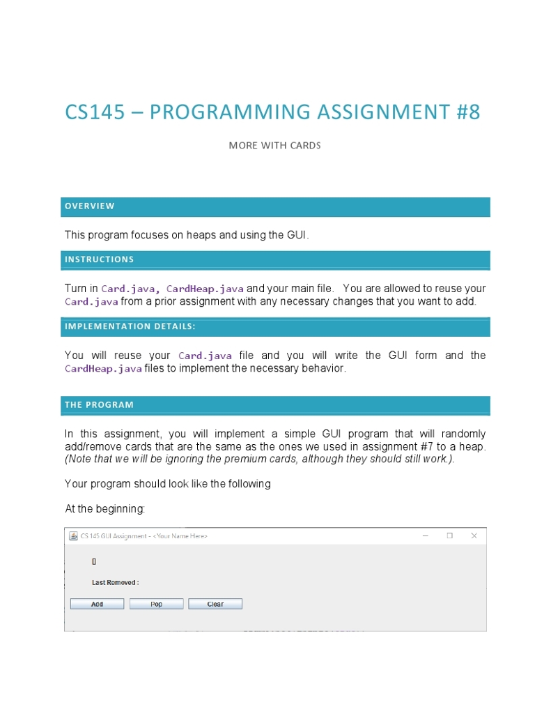 CS145-PROGRAMMING ASSIGNMENT #8 MORE WITH CARDS | Chegg.com