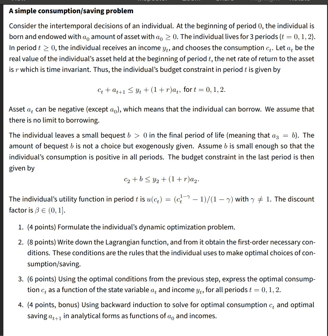 Solved A simple consumption/saving problemConsider the | Chegg.com