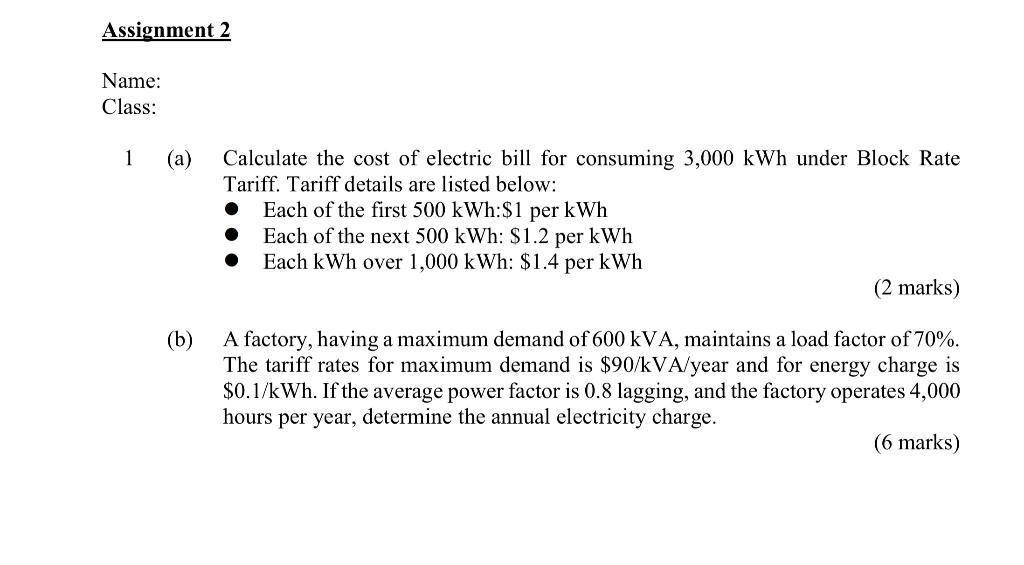 Solved Assignment 2 Name: Class: 1 (a) Calculate the cost of | Chegg.com