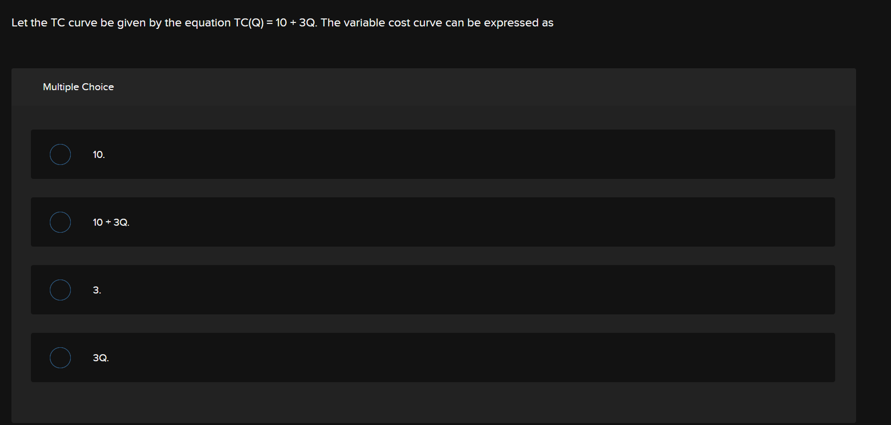 Solved Let the TC curve be given by the equation TC(Q) = 10 | Chegg.com