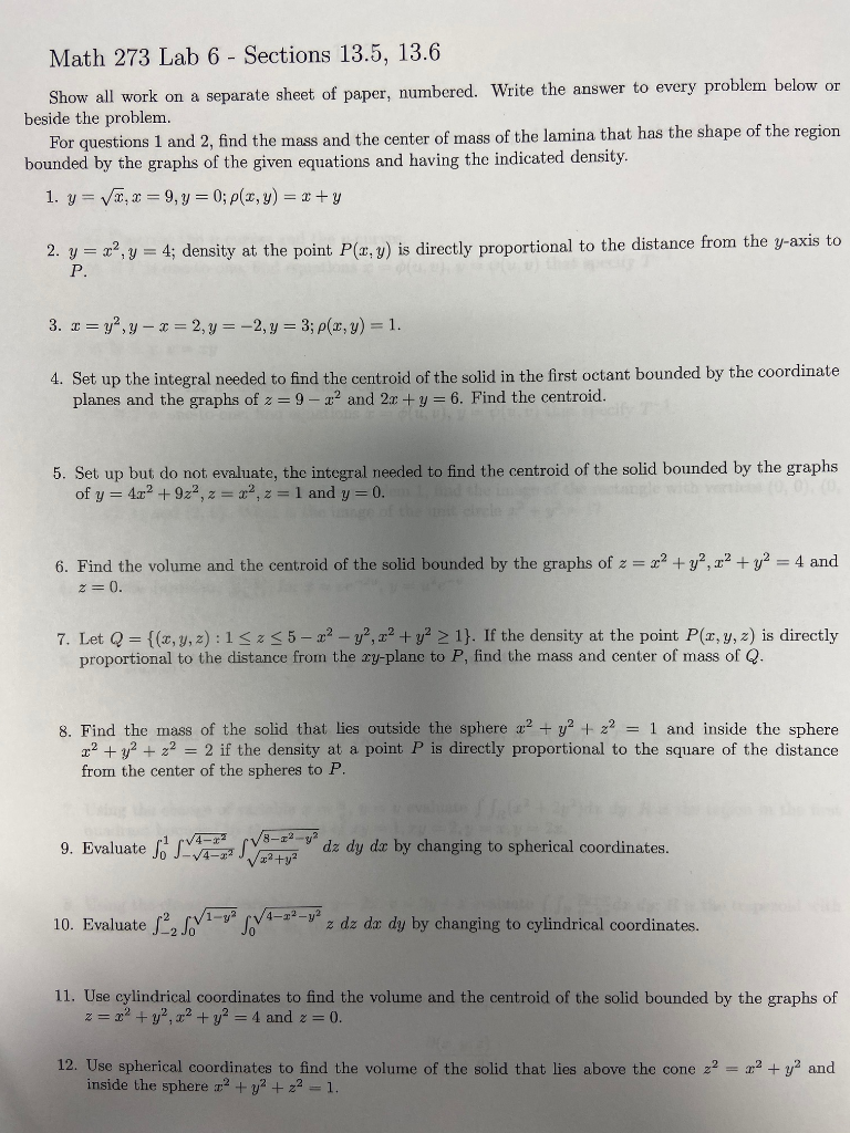 Solved Math 273 Lab 6 - Sections 13.5, 13.6 Show all work on | Chegg.com