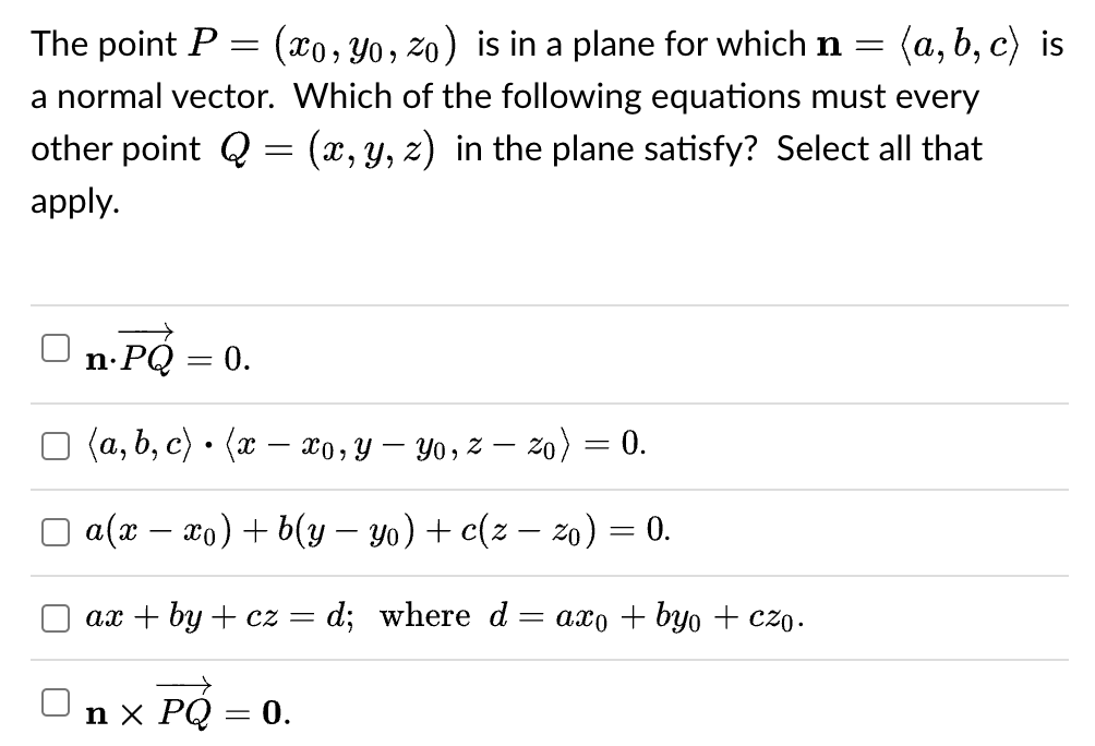 Solved The point P=(x(0),y(0),z(0)) is in a plane for which | Chegg.com