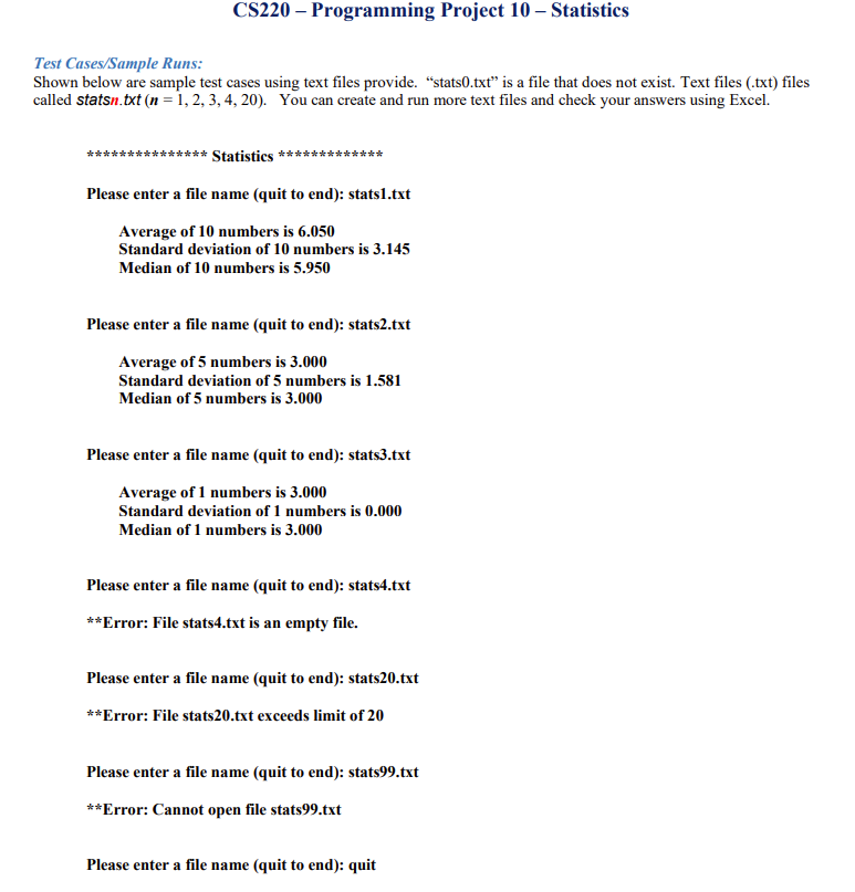 Solved CS220 - Programming Project 10 - Statistics Project | Chegg.com