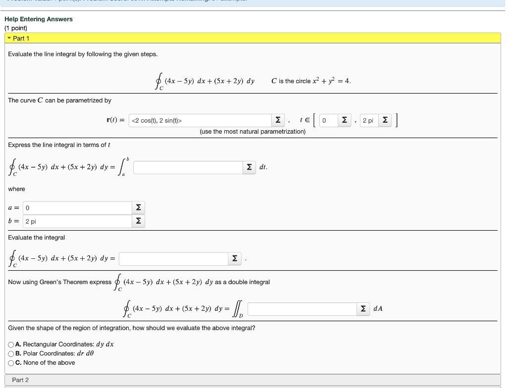 Solved Help Entering Answers (1 point) - Part 1 Evaluate the | Chegg.com