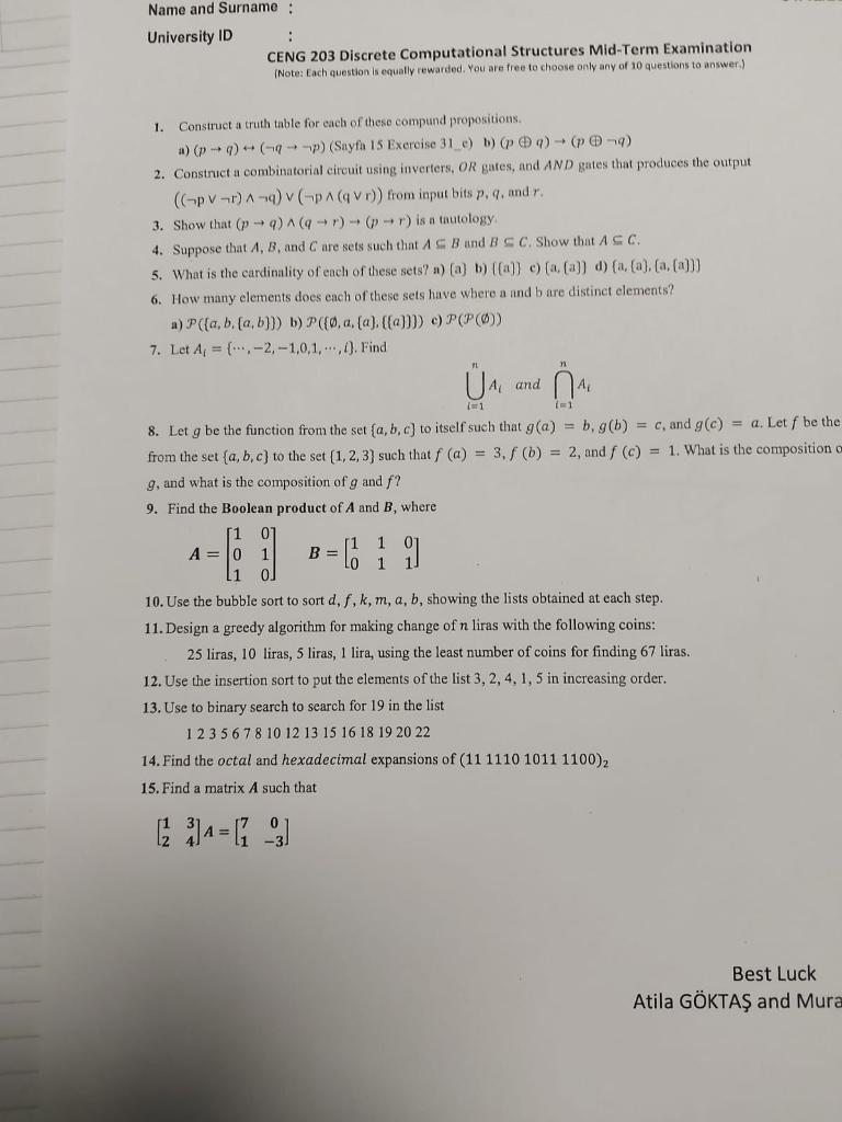 Solved Name and Surname : University ID CENG 203 Discrete | Chegg.com