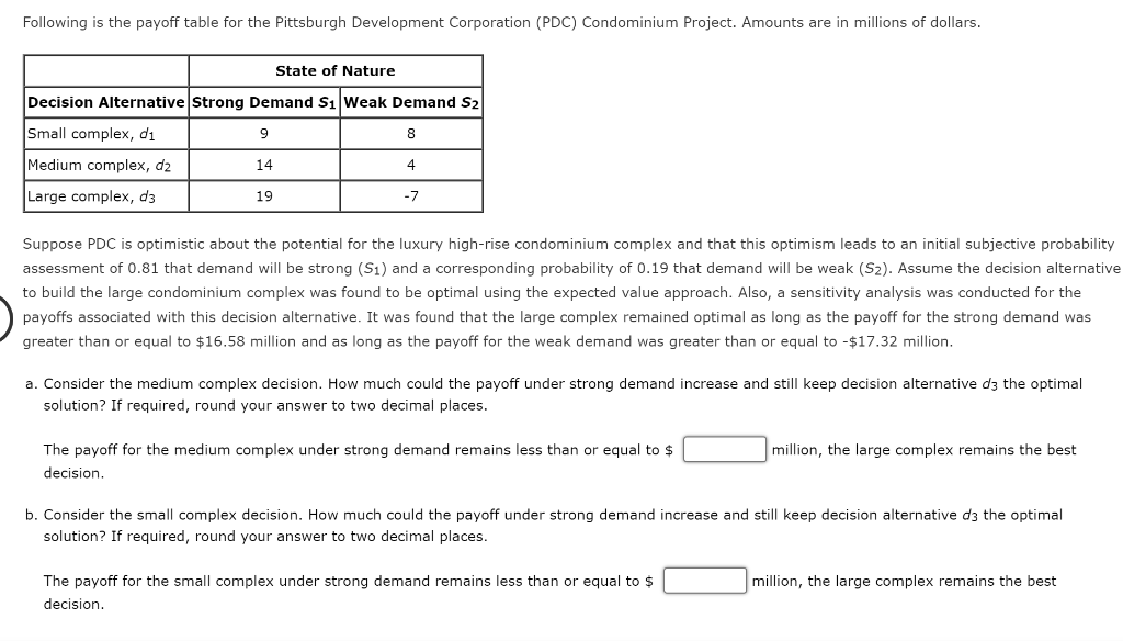 Solved Following is the payoff table for the Pittsburgh | Chegg.com
