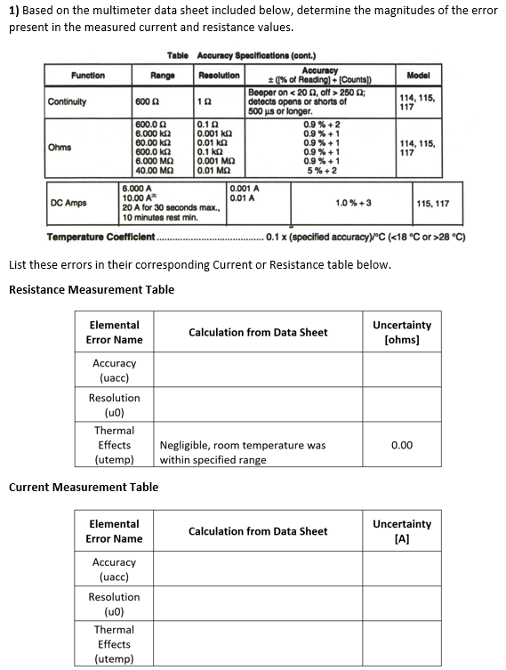 Solved 1) Based on the multimeter data sheet included below, | Chegg.com