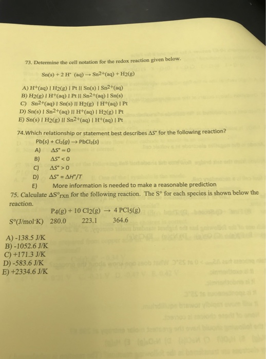 Solved 73. Determine the cell notation for the redox | Chegg.com