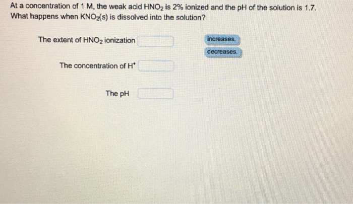 Solved At a concentration of 1 M, the weak acid HNO2 is 2% | Chegg.com