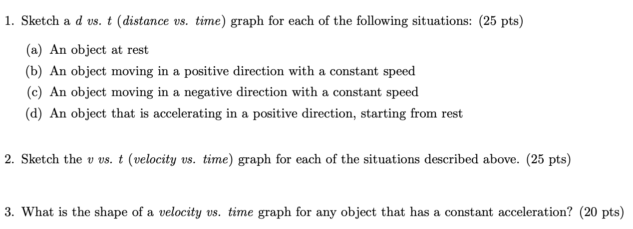 Solved 1. Sketch a d vs. t (distance vs. time) graph for | Chegg.com