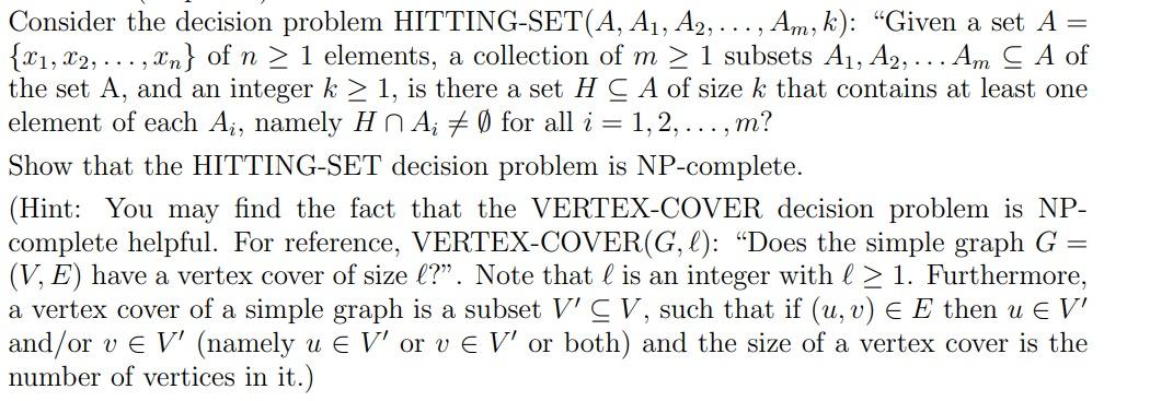 Consider the decision problem HITTING-SET | Chegg.com